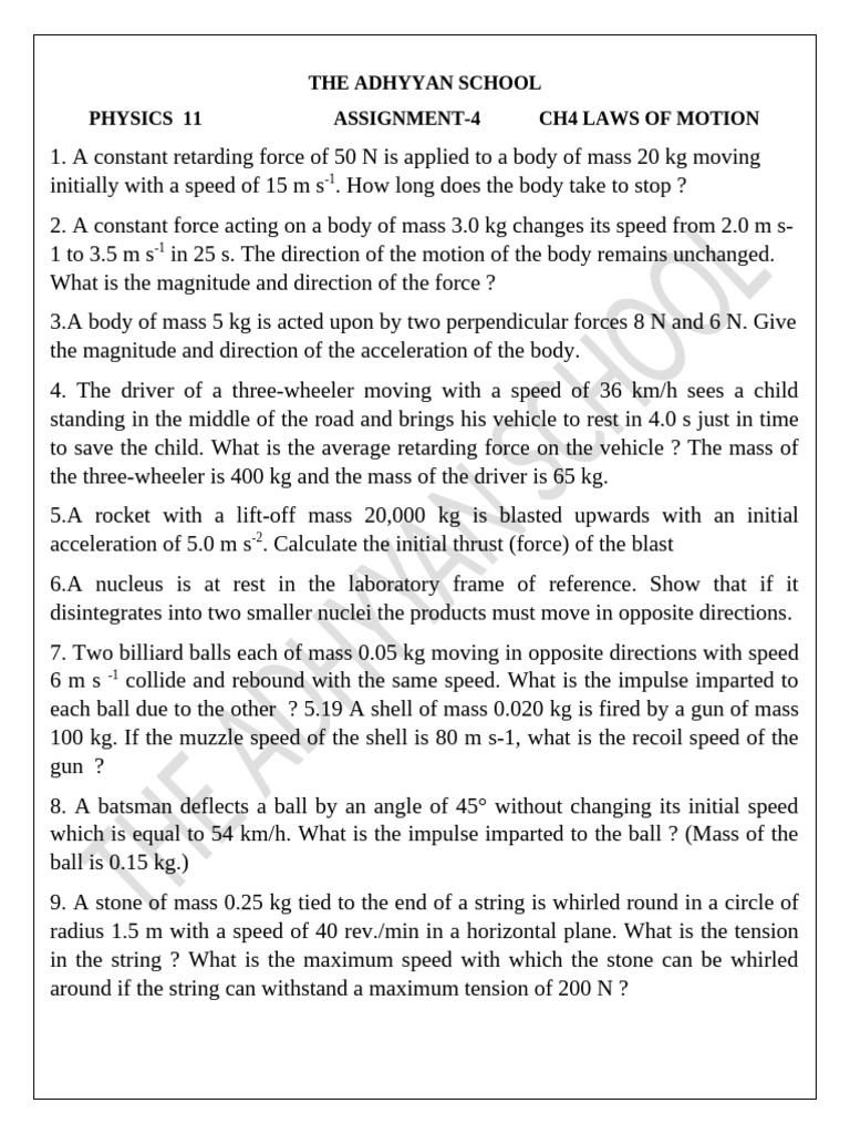 The Adhyyan School Physics 11 Assignment-4 Ch4 Laws of Motion | PDF