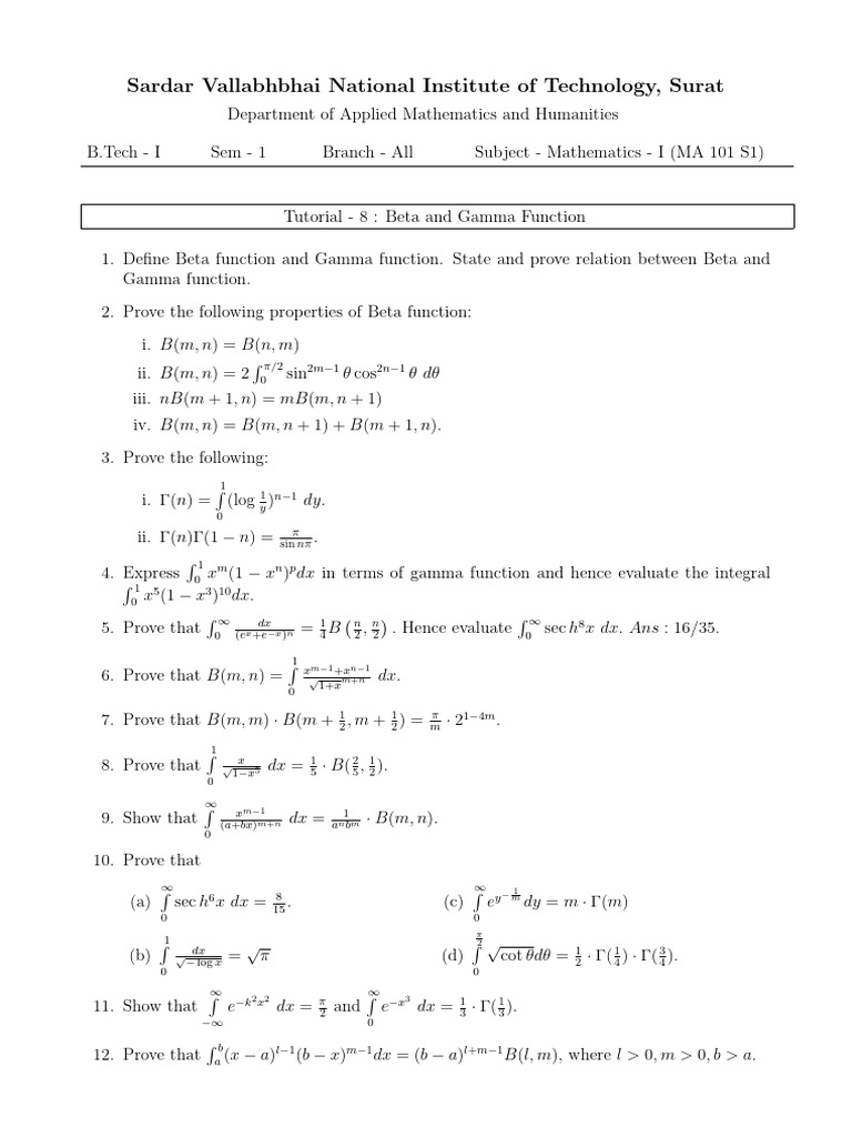 Tutorial 8 -Beta and Gamma Functions | PDF