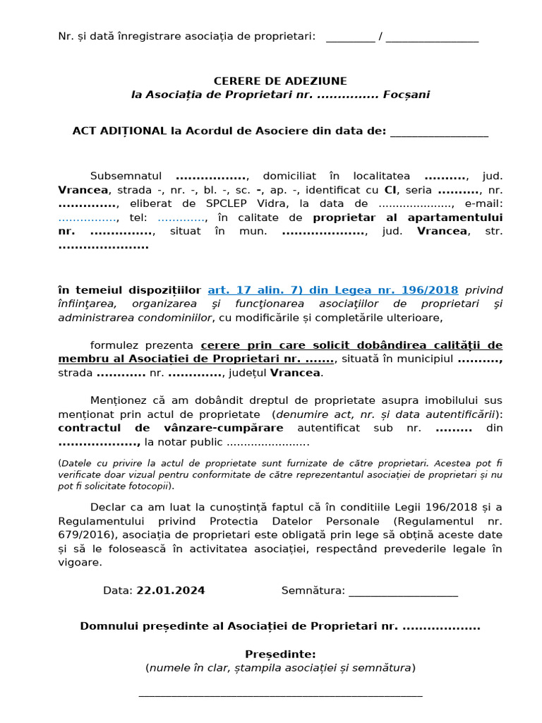 11 ACT ADITIONAL SI CERERE DE ADEZIUNE LA ASOCIATIA DE PROPRIETARI | PDF