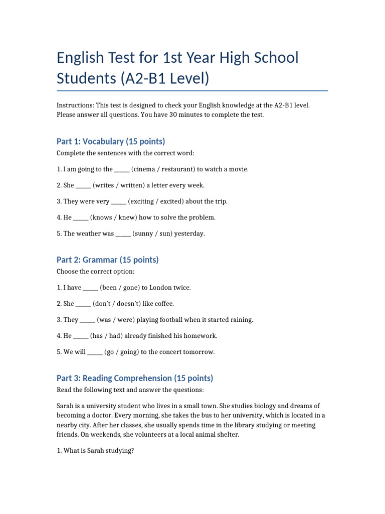 English Test A2 B1 Level | PDF