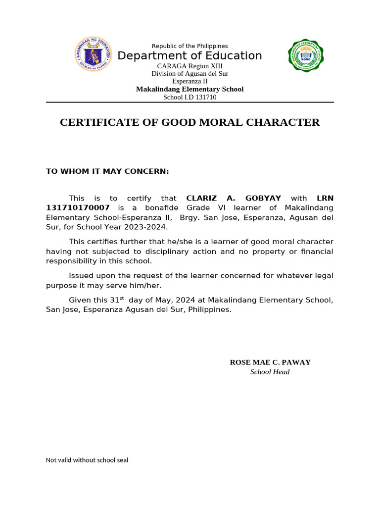Good Moral Certificate | PDF