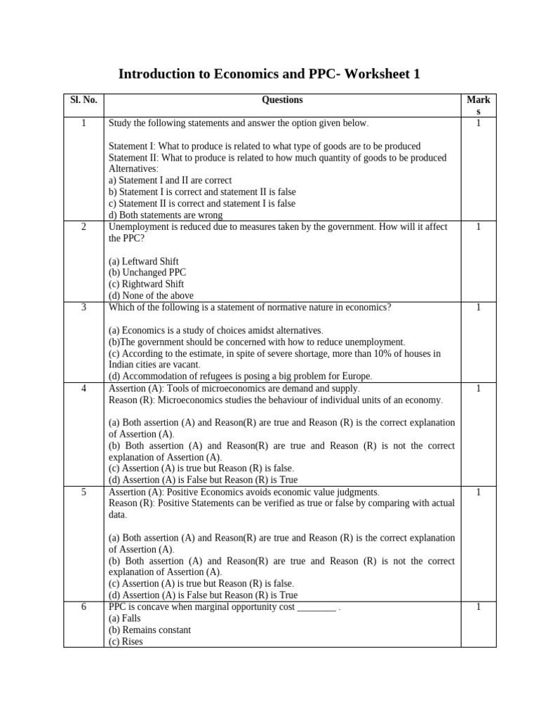 CIass XI Introduction To Economics and PPC Worksheet 1 | PDF
