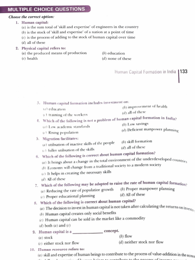 Human Capital Formation MCQs for Class 12 | PDF | Human Capital ...