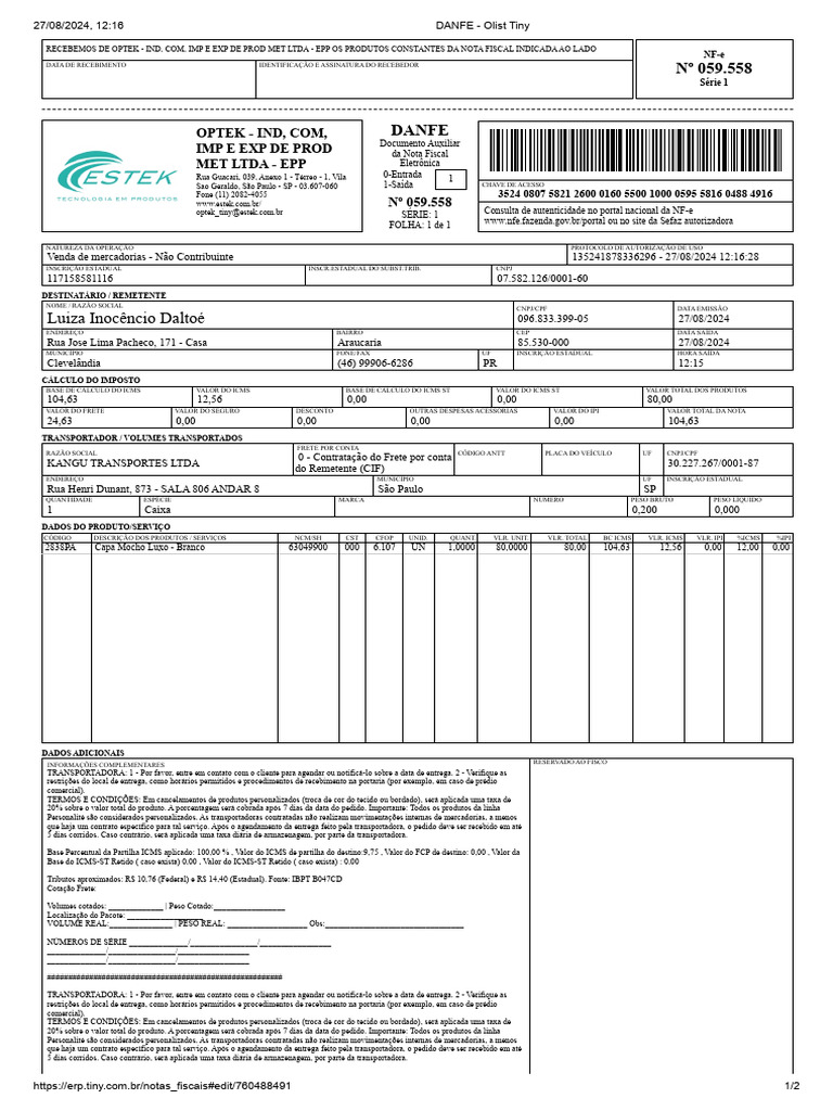 Olist Tiny - Notas Fiscais 59558 | PDF