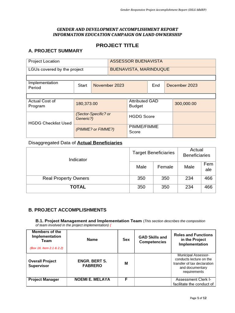 MMRP Gender Responsive Project Accomplishment Report Template | PDF