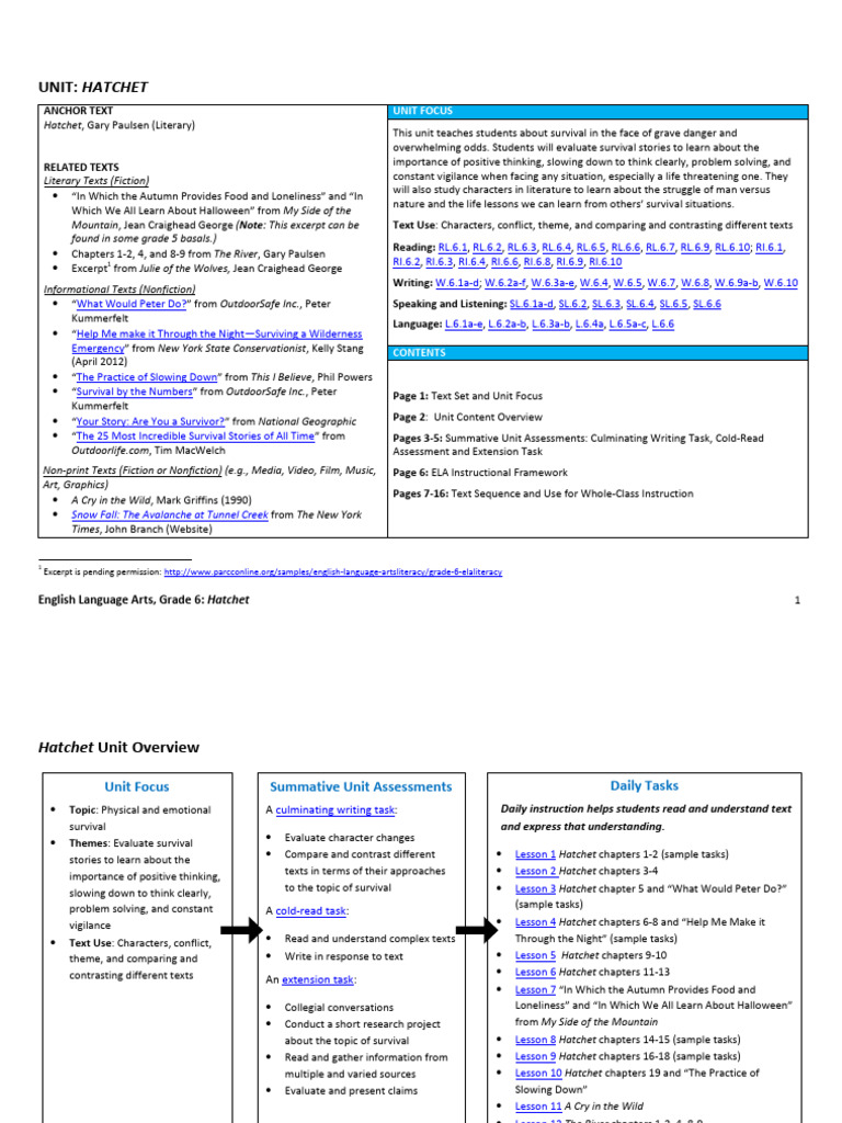 Sample 6th Grade Unit Plan - Hatchet | PDF