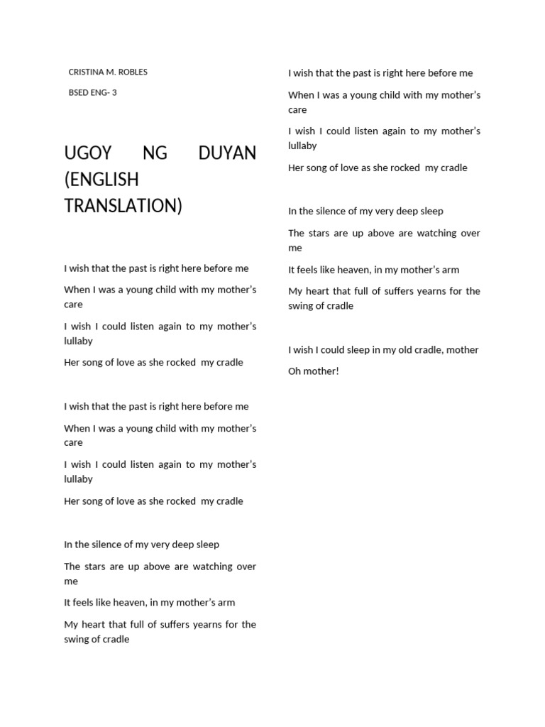 ugoy Ng Duyan English Version | PDF