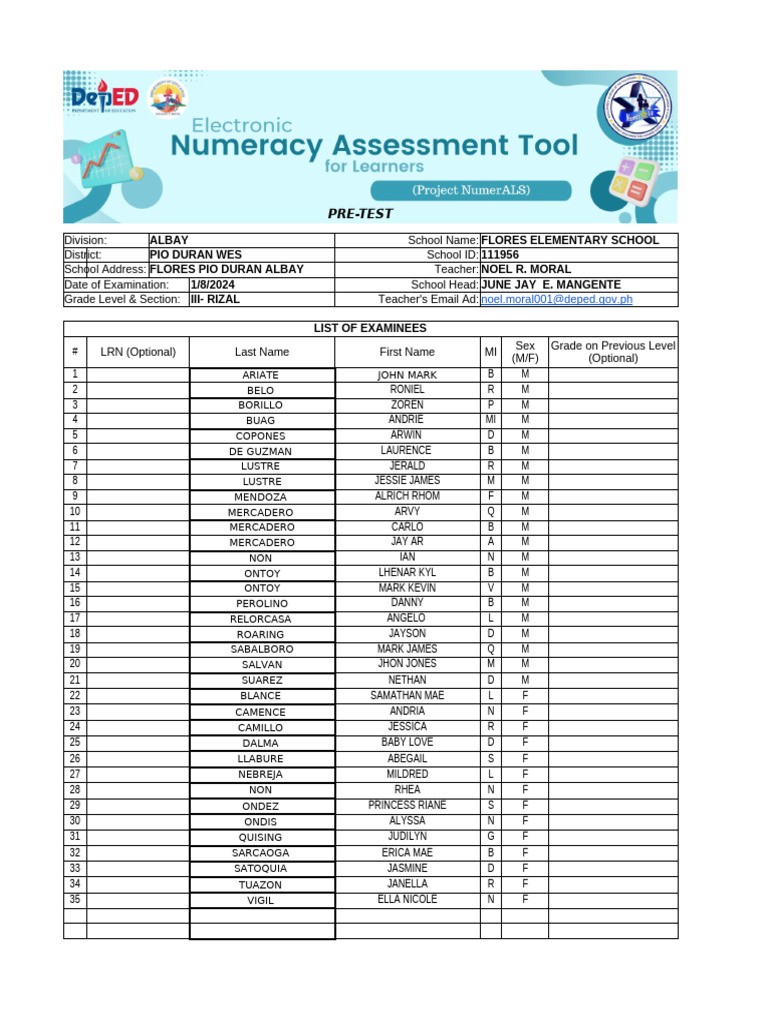 ENAT (Class) Grade 3 PreTest-2024-2025 | PDF
