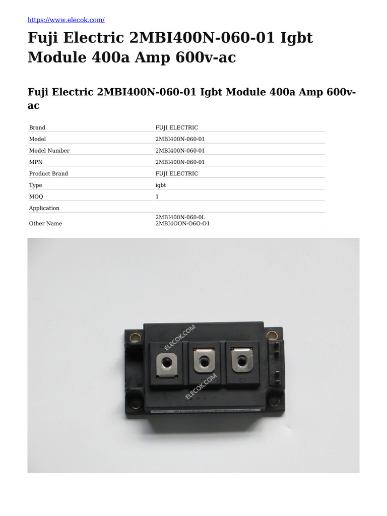 Fuji Electric 2MBI400N-060-01 Igbt Module 400a Amp 600v-Ac (EN) | PDF
