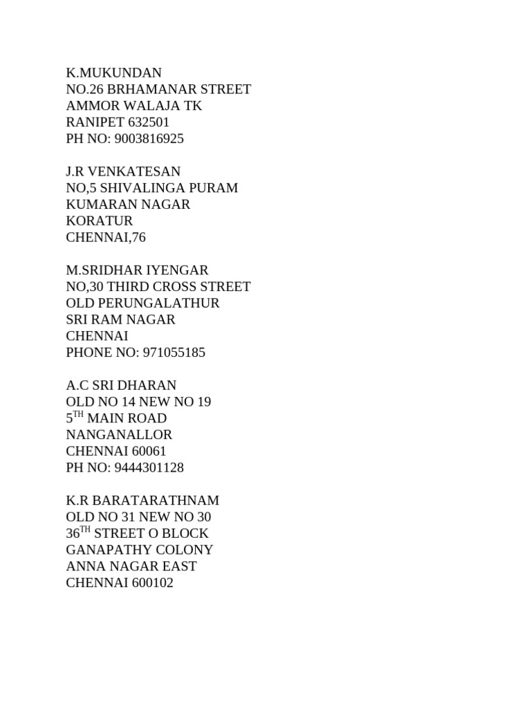 Contact List of Chennai Residents | PDF