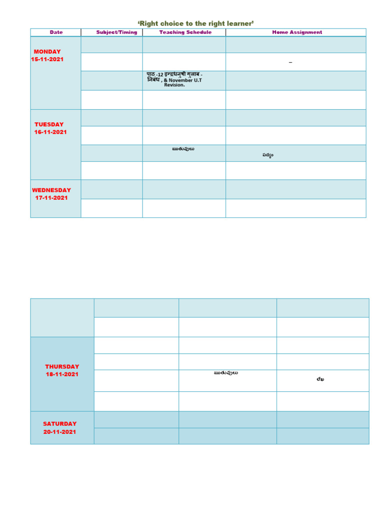 4 Class Time Table (15-11-2021 To 20-11-2021) | PDF