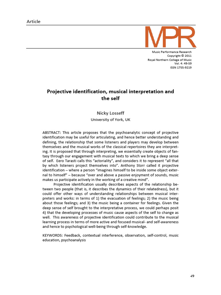 Projective Identification, Musical Interpretation and The Self | PDF