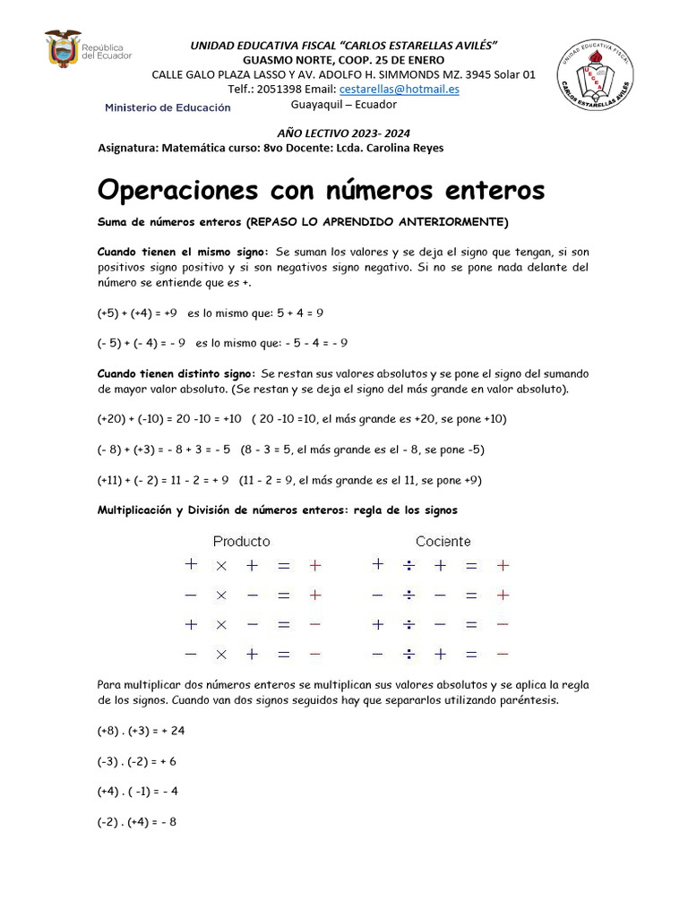 Operaciones con números enteros | PDF