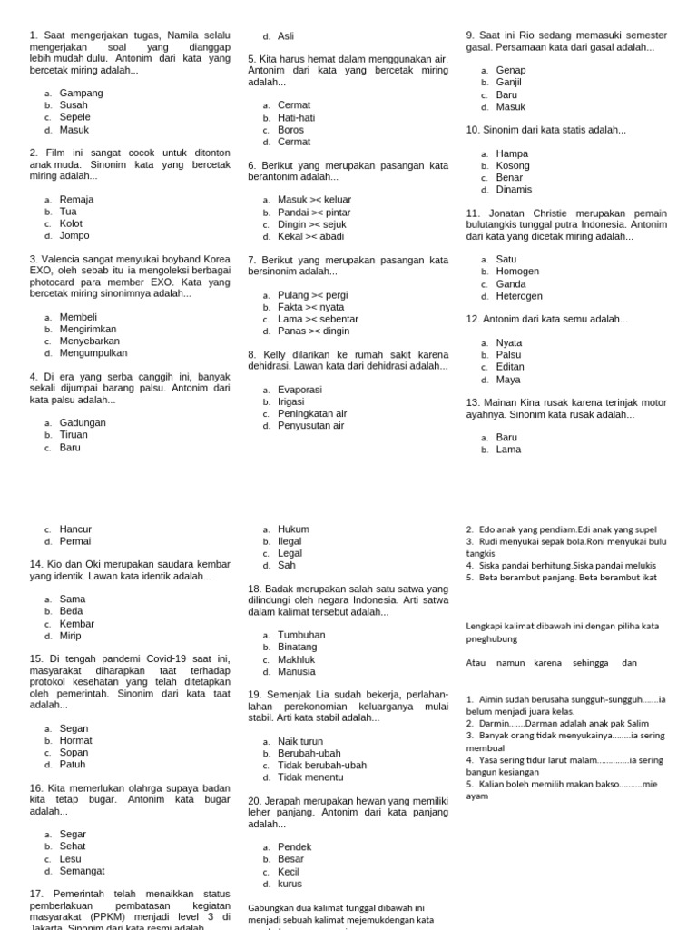 Soal Sinonim Antonim Kelas 5 | PDF