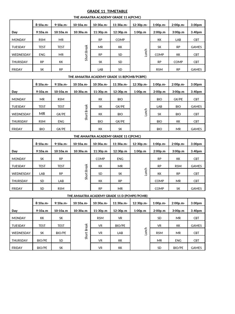 GRADE11TIMETABLE Kcnevi23io9hud6k | PDF