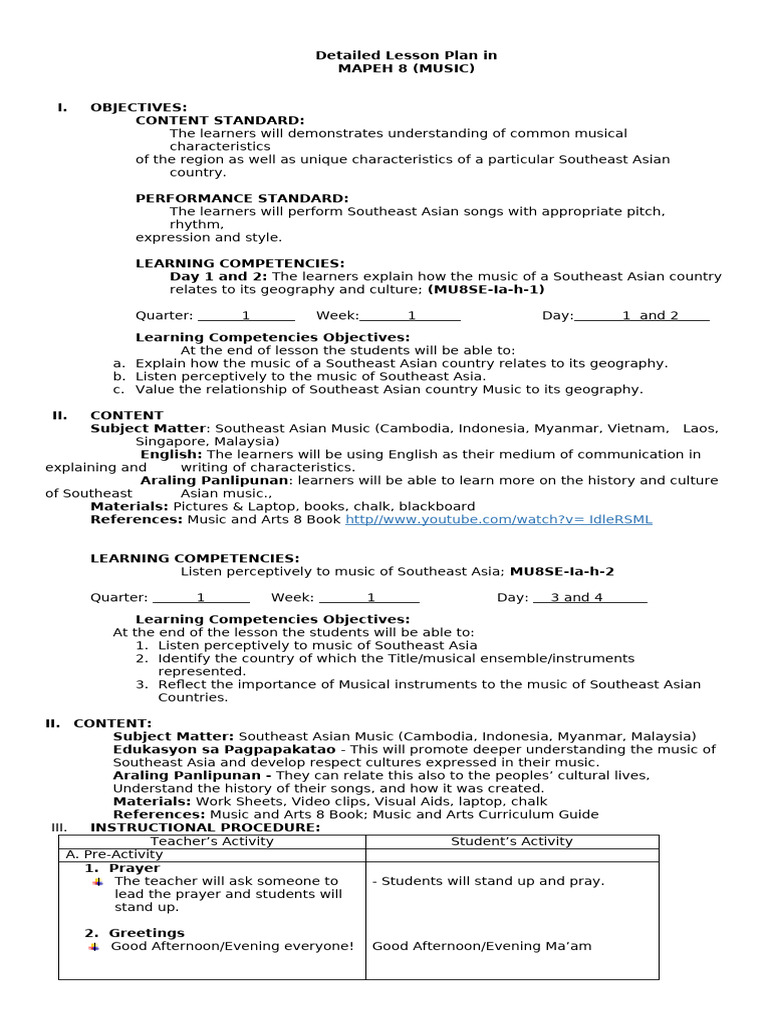 LESSON PLAN IN MAPEH 8 Week 1 | PDF