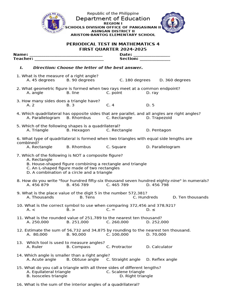 PERIODICAL TEST IN MATH 4 (Matatag Curriculum) | PDF