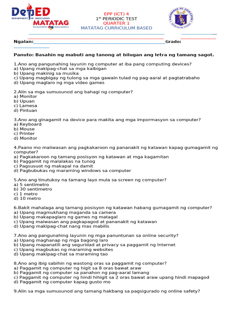 Ngalan Panuto: Basahin NG Mabuti Ang Tanong at Bilugan Ang Letra NG ...