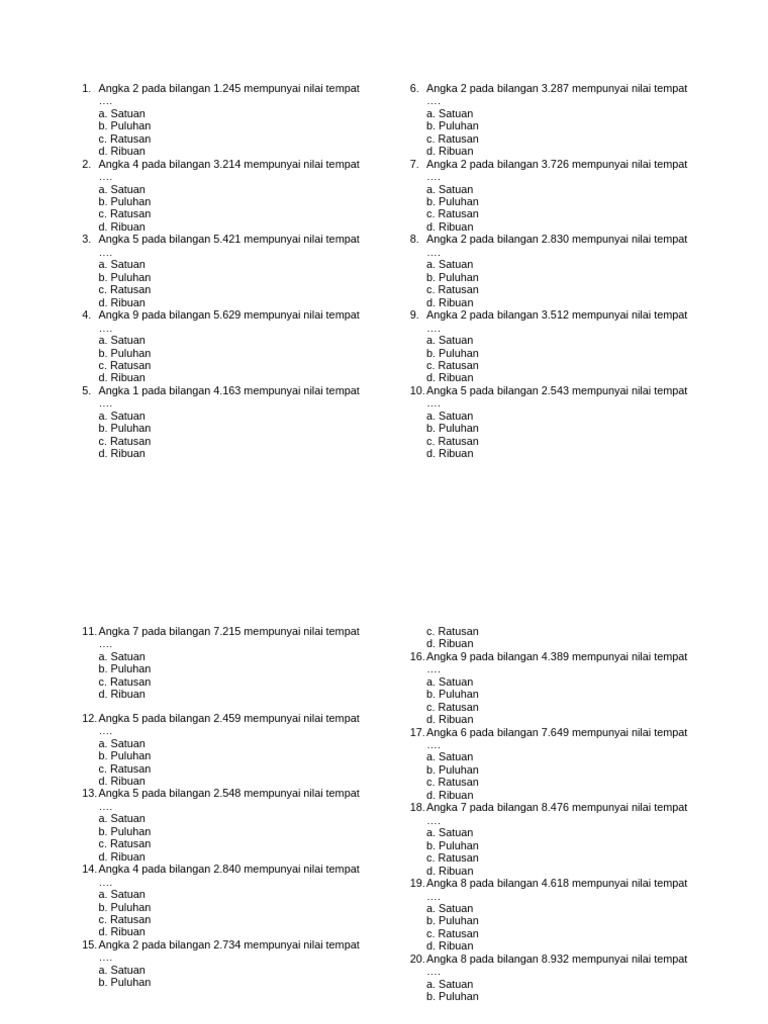 Soal Tempat Bilangan Ribuan Kelas 4 | PDF