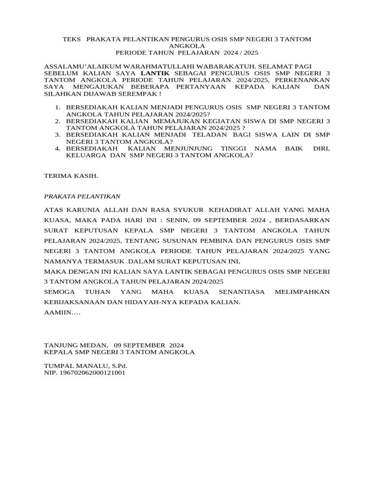 Rondown Acara Pelantikan Osis SMP N 3 Tantom | PDF | Karier & Perkembangan