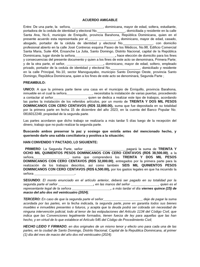 Modelo Acuerdo Amigable | PDF