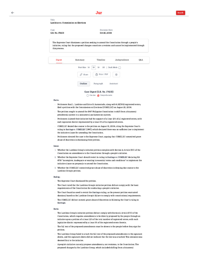 Jur PH Jurisprudence Digest Lambino V Commission On Elections | PDF ...