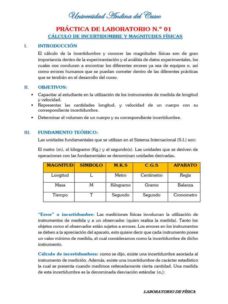 Practica de Laboratorio # 01 - Cálculo de Incertidumbre y Magnitudes Físicas | PDF