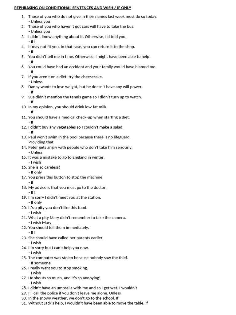 Rephrasing-CONDITIONAL-and-IF-ONLY-and-I-WISH-without Solutions | PDF