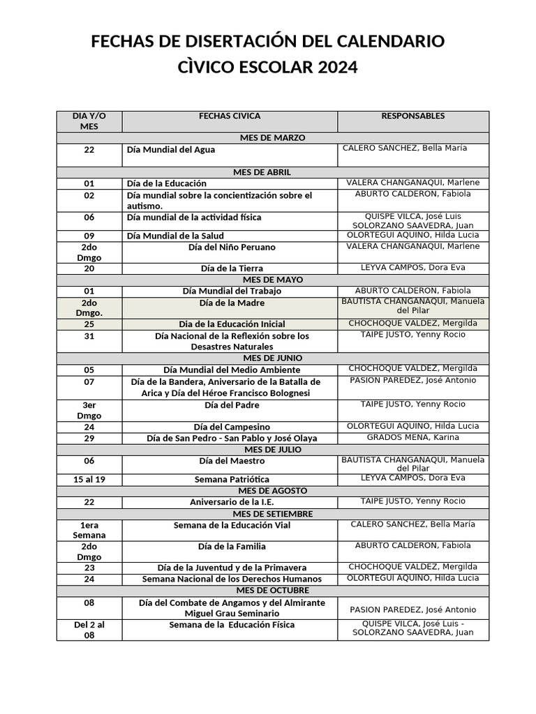 Fechas de Disertación Del Calendario Cìvico Escolar 2024 - Con Nombres | PDF