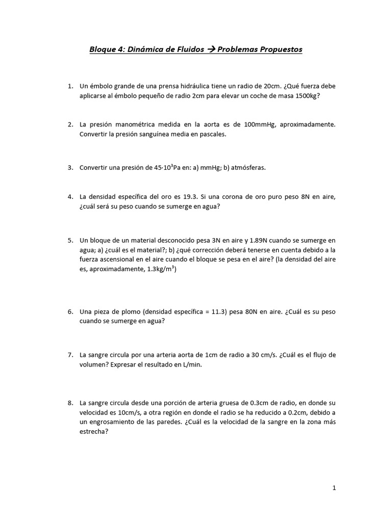 Bloque4 - Fluidos - Problemas Propuestos | PDF | Presión | Sistema circulatorio