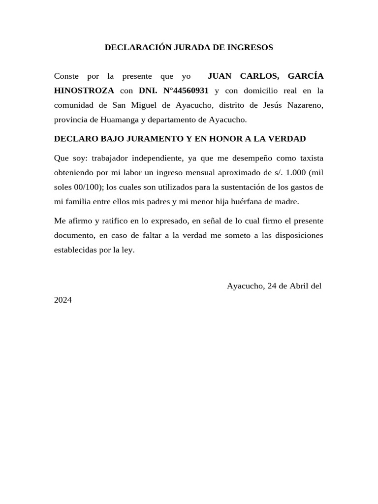 Declaración Jurada de Ingresos | PDF