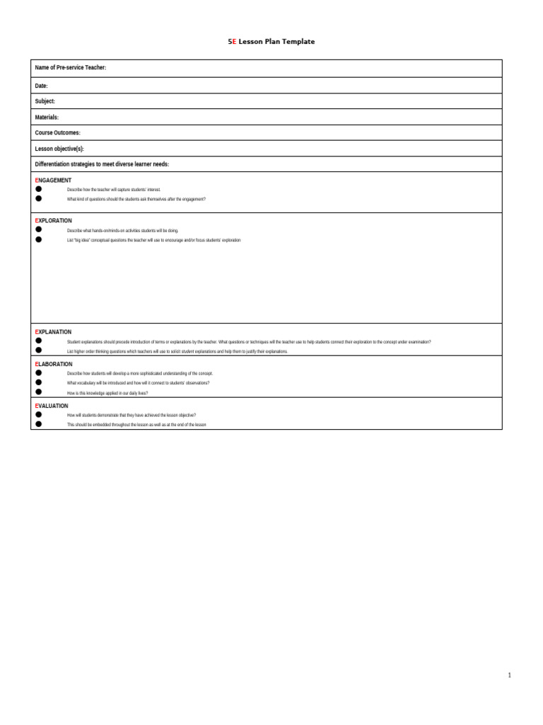 5E Lesson Planning Template | PDF