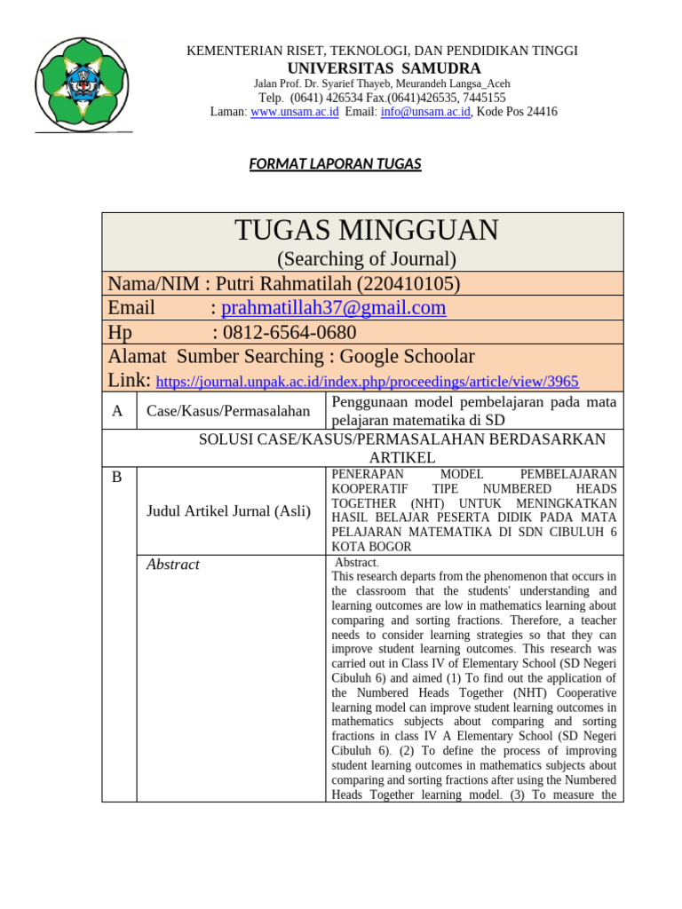 Format Laporan Tugas Mingguan (Putri Rahmatillah) | PDF Format Laporan Tugas Mingguan (Putri Rahmatillah) | PDF