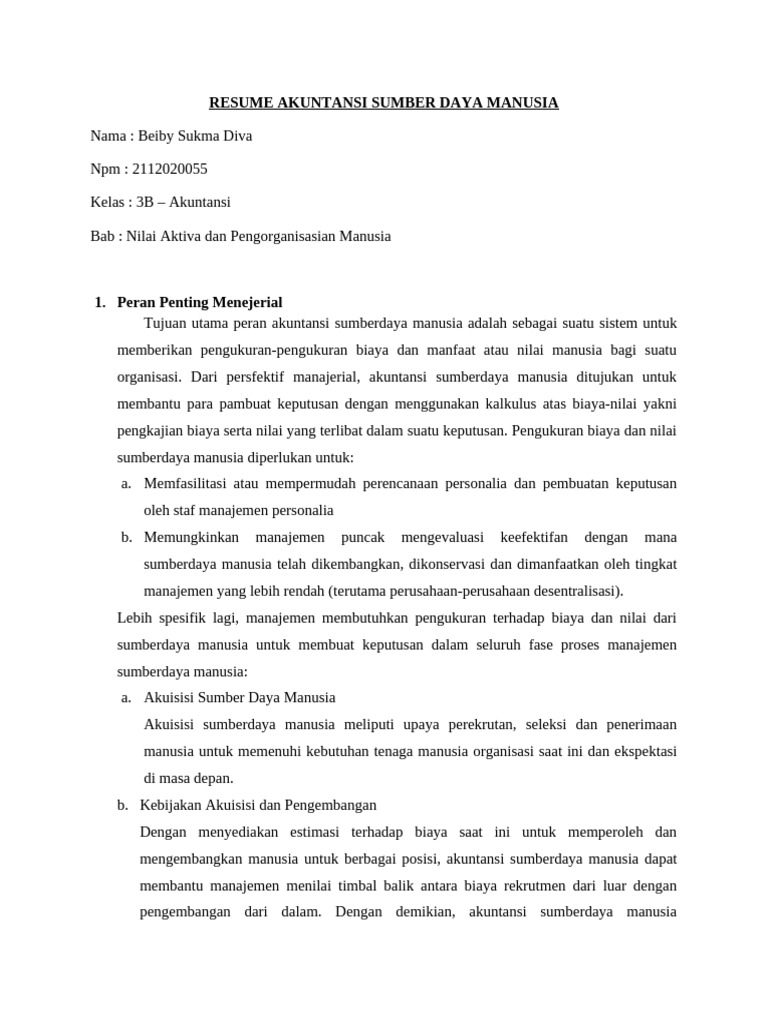 Beiby Sukma Diva (Resume Akuntansi Sumber Daya Manusia) | PDF