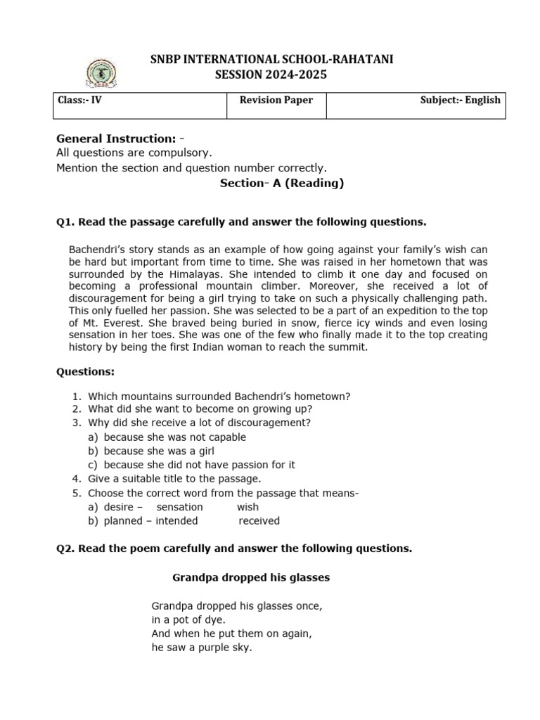 SNBP International School-Rahatani SESSION 2024-2025: Class:-IV ...