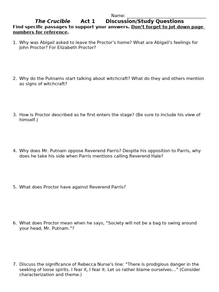 The Crucible Act 1 Discussion Qs | PDF