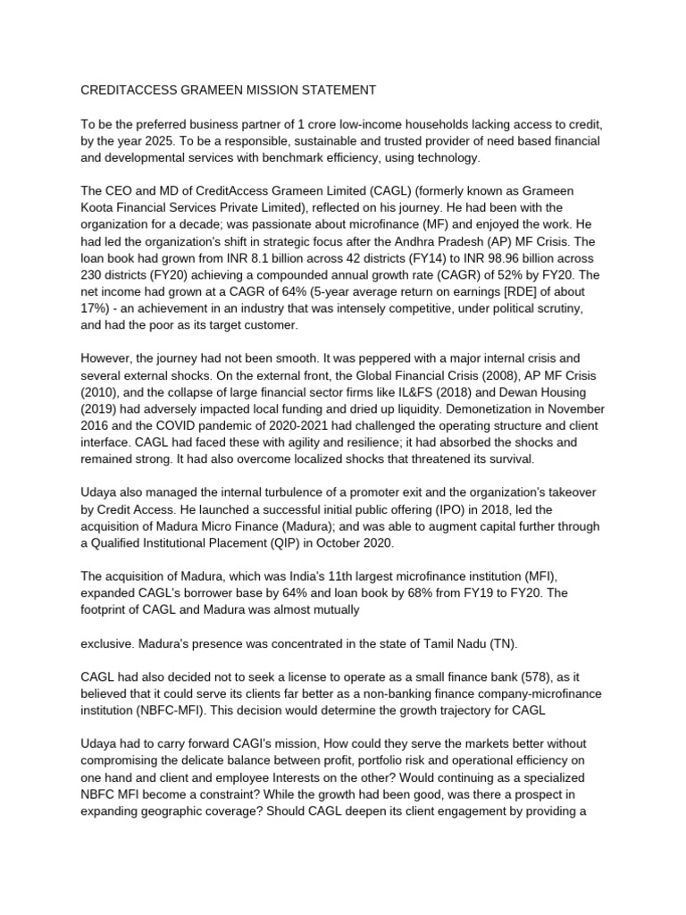 CAGL Mission and Growth Strategy | PDF | Microfinance | Loans