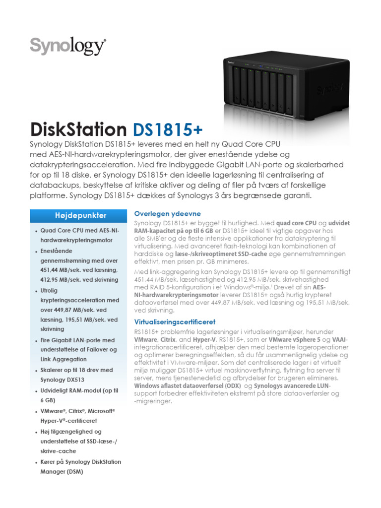 Synology DS1815 Plus Data Sheet Dan | PDF