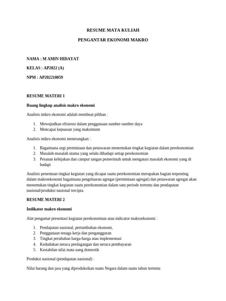 Resume Mata Kuliah P, Ekonomi Makro | PDF | Business