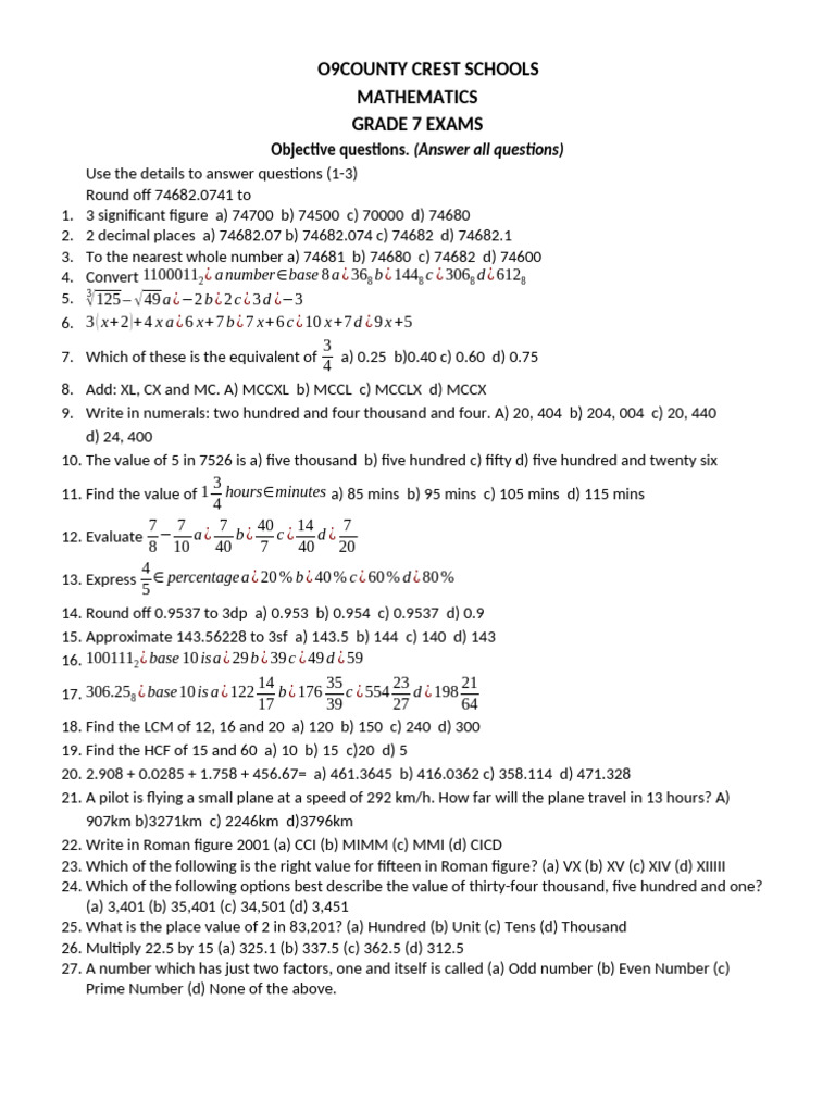Mathematics Grade 7 Objective Questions | PDF