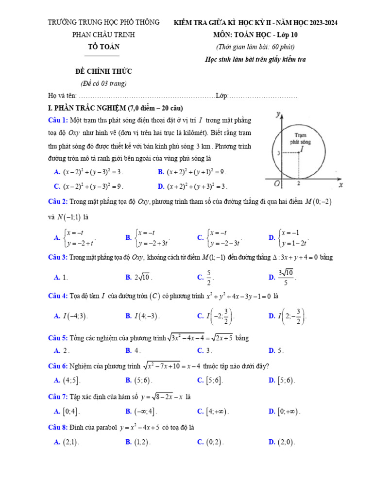 De Giua Ki 2 Toan 10 Nam 2023 2024 Truong THPT Phan Chau Trinh Da Nang | PDF