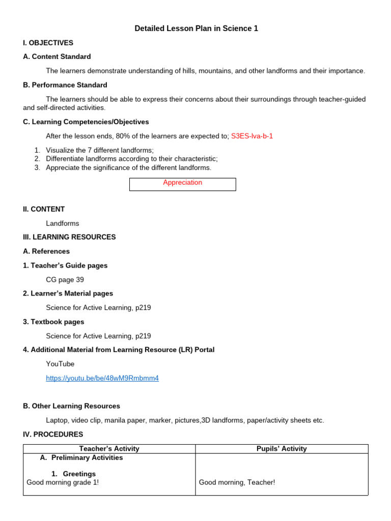 Grade 1 Landforms Lesson Plan | PDF | Volcano | Foreign Language Studies