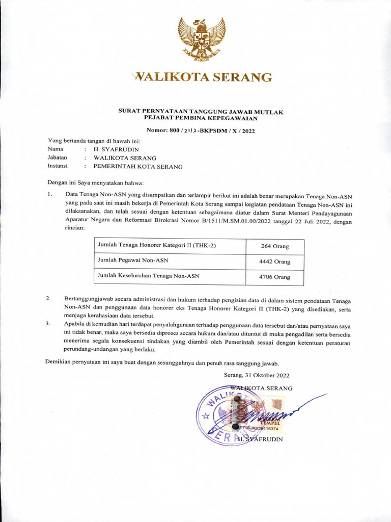 Sptjm Pemkot Serang Non Asn 2022 Fix Compress (1) | PDF