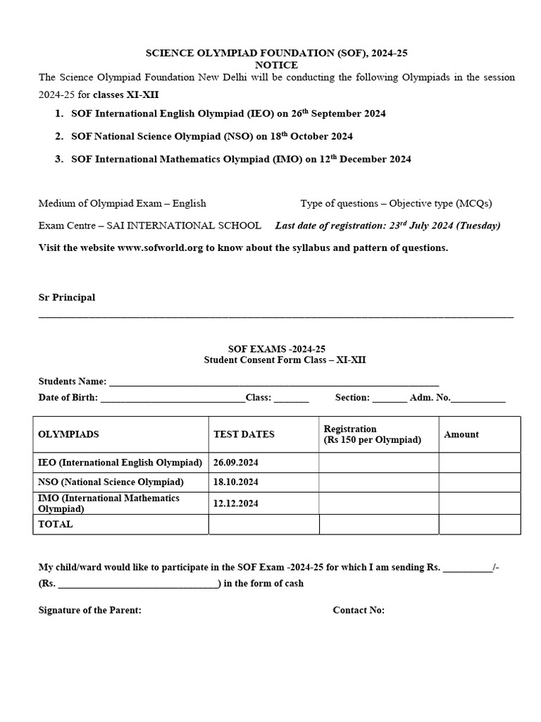 Class XI To XII - SOF Examination 2024 | PDF