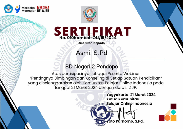 Asmi, S.PD Sertifikat Pentingnya BK | PDF