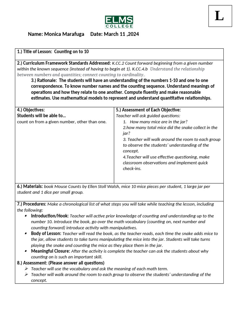 Lesson Plan Counting On Math Methods | PDF