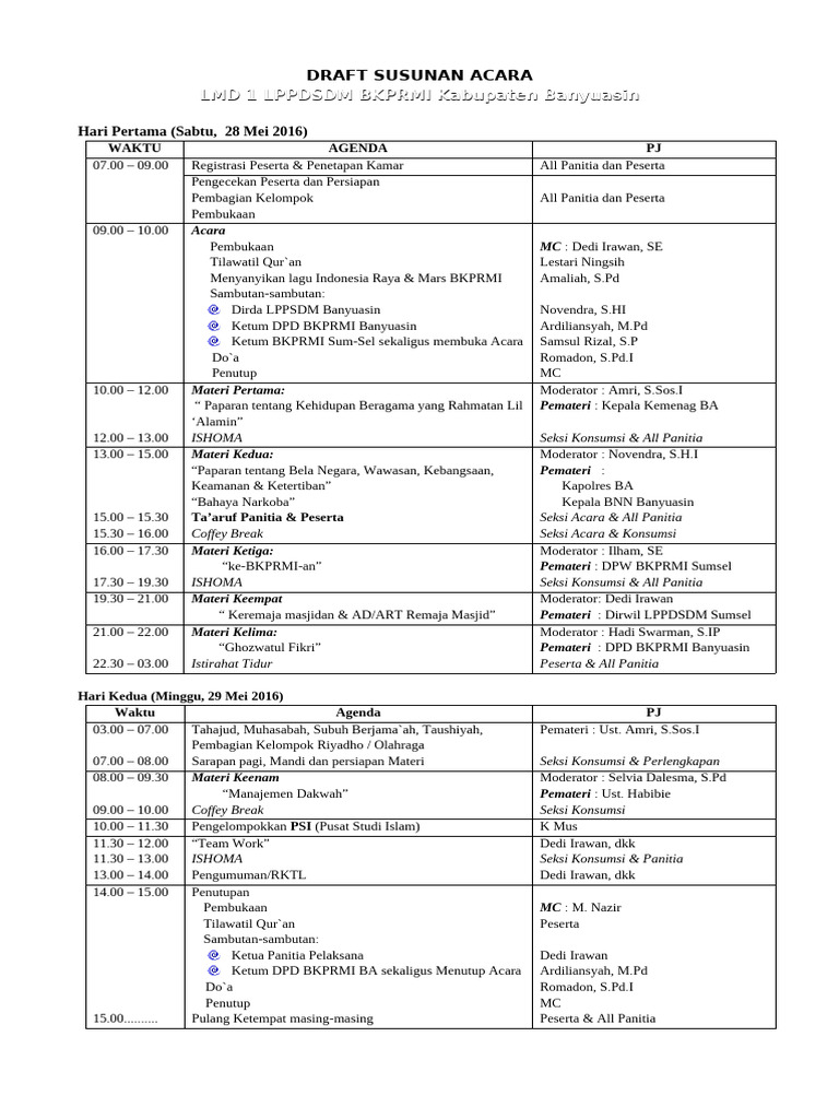 Draft Susunan Acara LMD 2016 | PDF