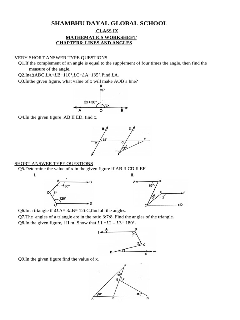 Class Ix Maths Worksheet Lines and Angles WORD | PDF
