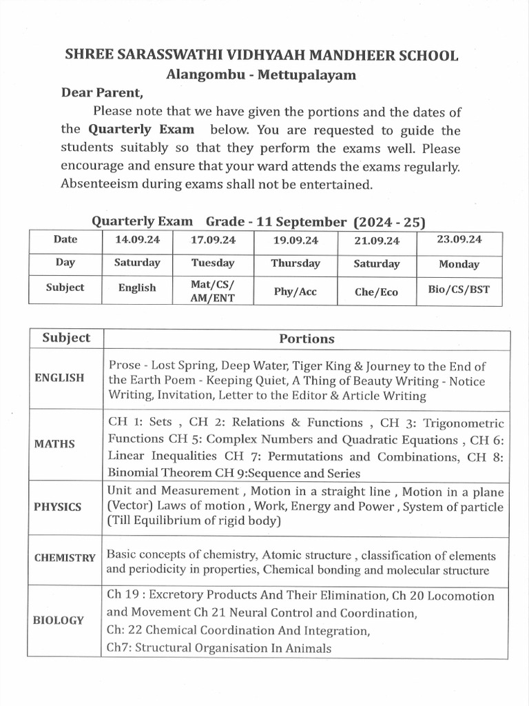 Quarterly Exam Portions and Time Table - Grade 111726667998921 | PDF