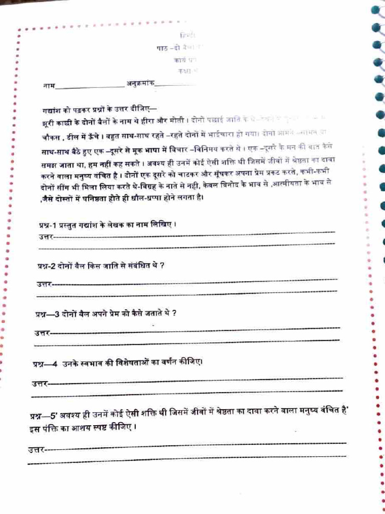 Class - 9 Hindi Worksheet | PDF